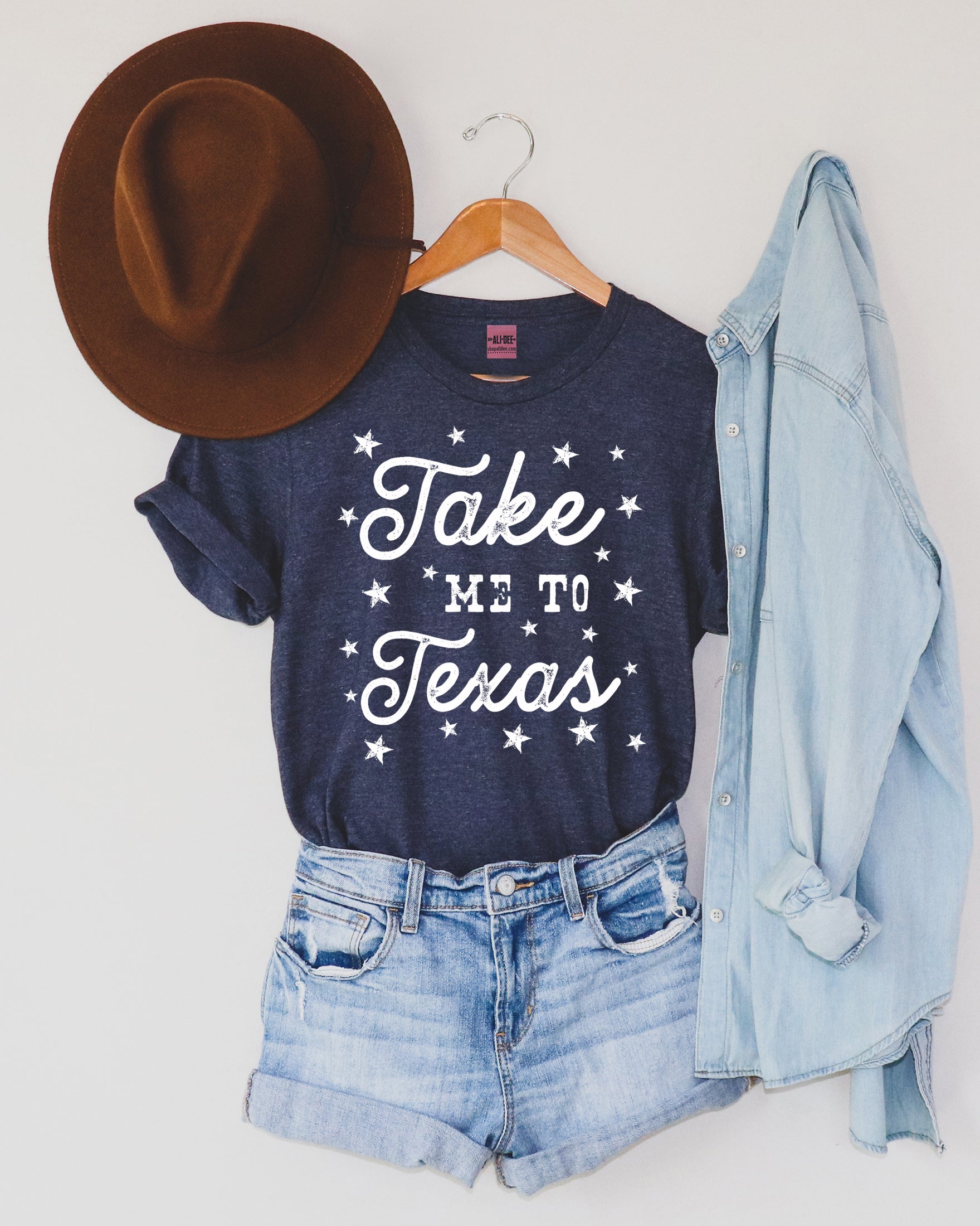 Take Me To Texas Tee - Heather Denim – Ali Dee Wholesale